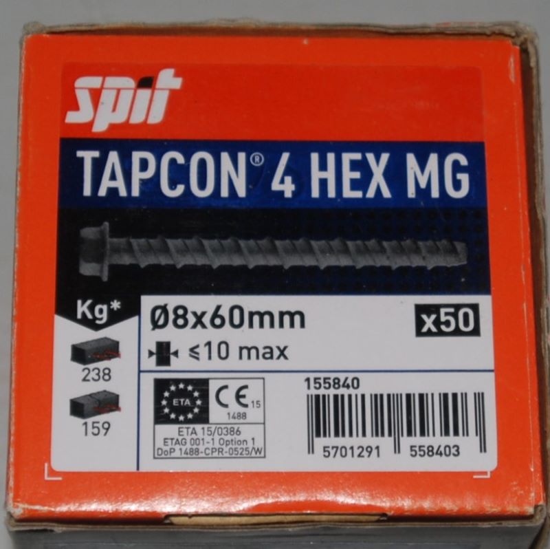 50 Vis béton Tête Hexagonale TAPCON 4 HEX MG 8 x 60mm. Réf. 155840 SPIT ...